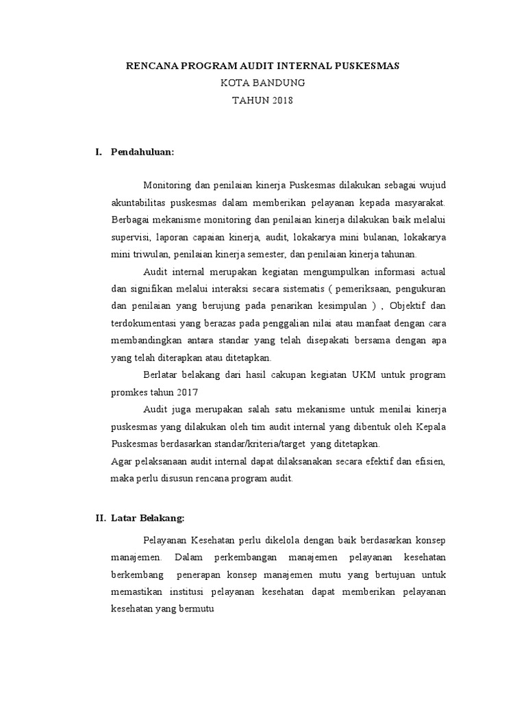 Contoh Rencana Program Audit Internal Puskesmas Tahunan Edit (Tugas) | PDF