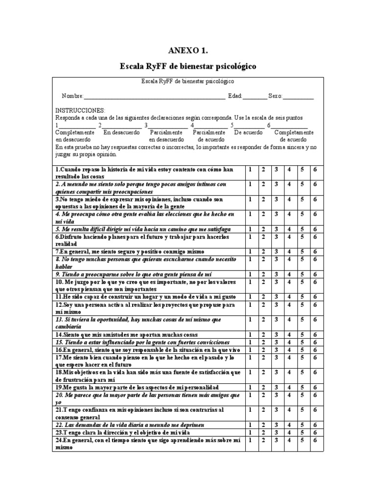 Escala de Bienestar Psicológico RyFF | PDF | Bienestar | Consentimiento ...