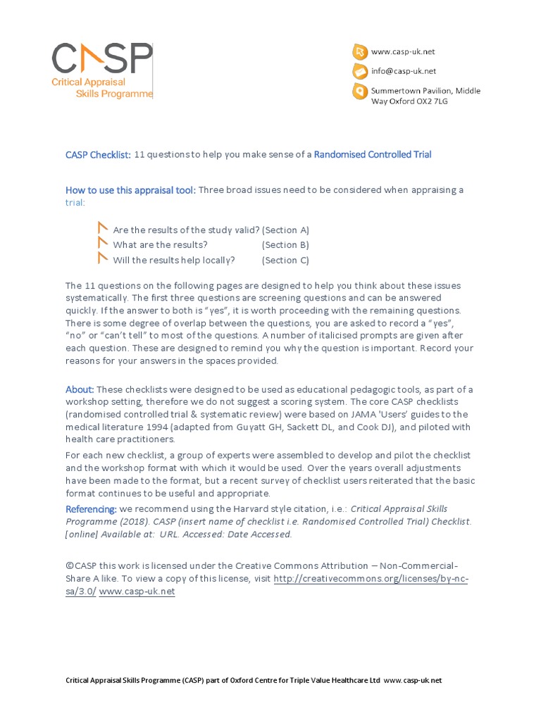 CASP Checklist: Randomised Controlled Trial How To Use This Appraisal Tool | PDF | Randomized ...