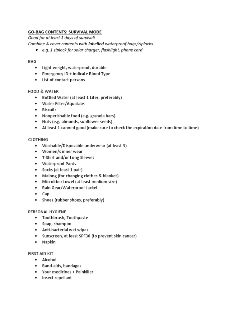 Essential go-bag contents for 3 days of survival | PDF