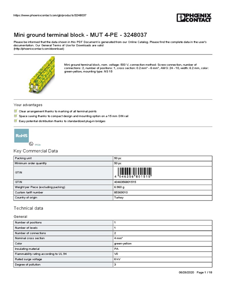 Mini Ground Terminal Block - MUT 4-PE - 3248037: Key Commercial Data ...