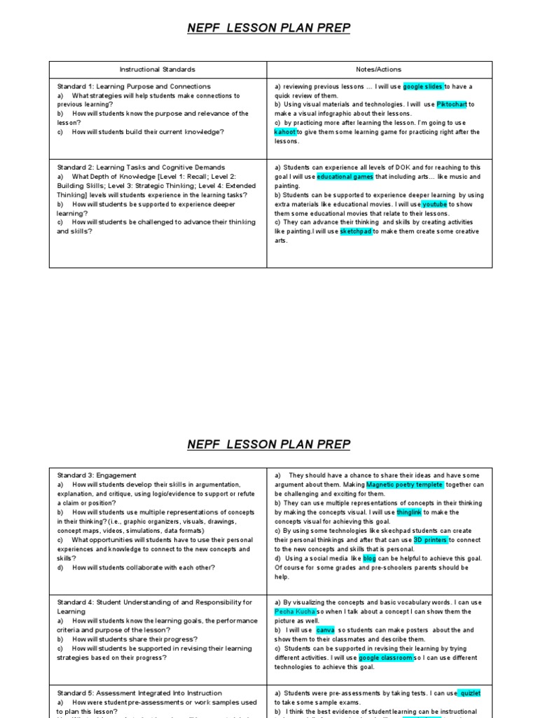 Nepf Lesson Plan Prep: Instructional Standards Notes/Actions Standard 1 ...
