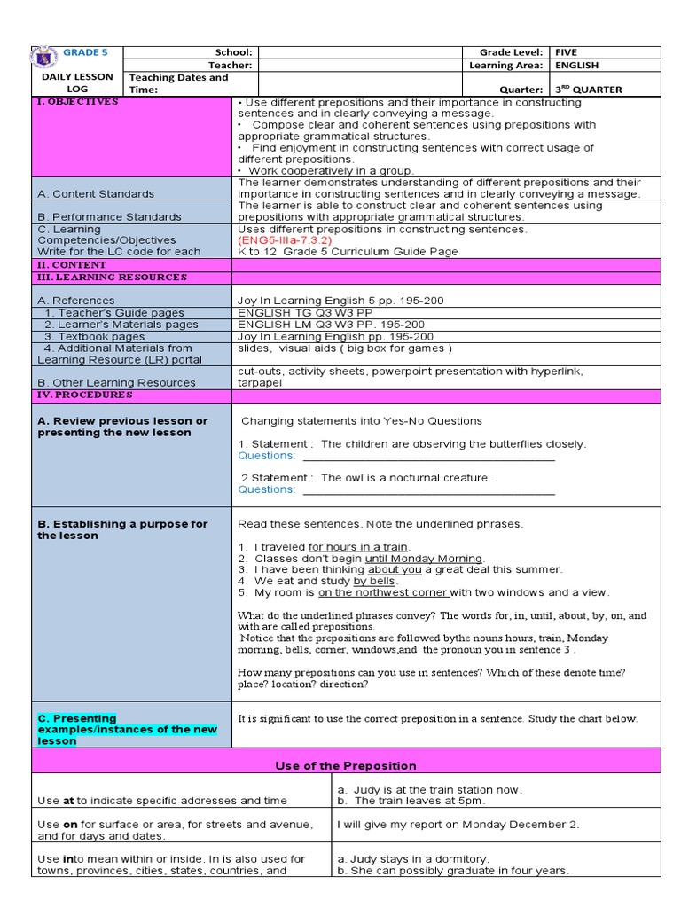 Grade 5 English Prepositions Lesson Plan | PDF | Preposition And ...