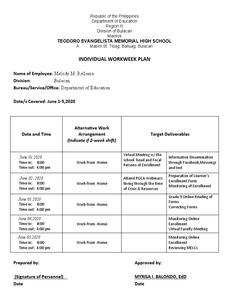 Individual Workweek Plan: Teodoro Evangelista Memorial High School | PDF | Learning | Communication