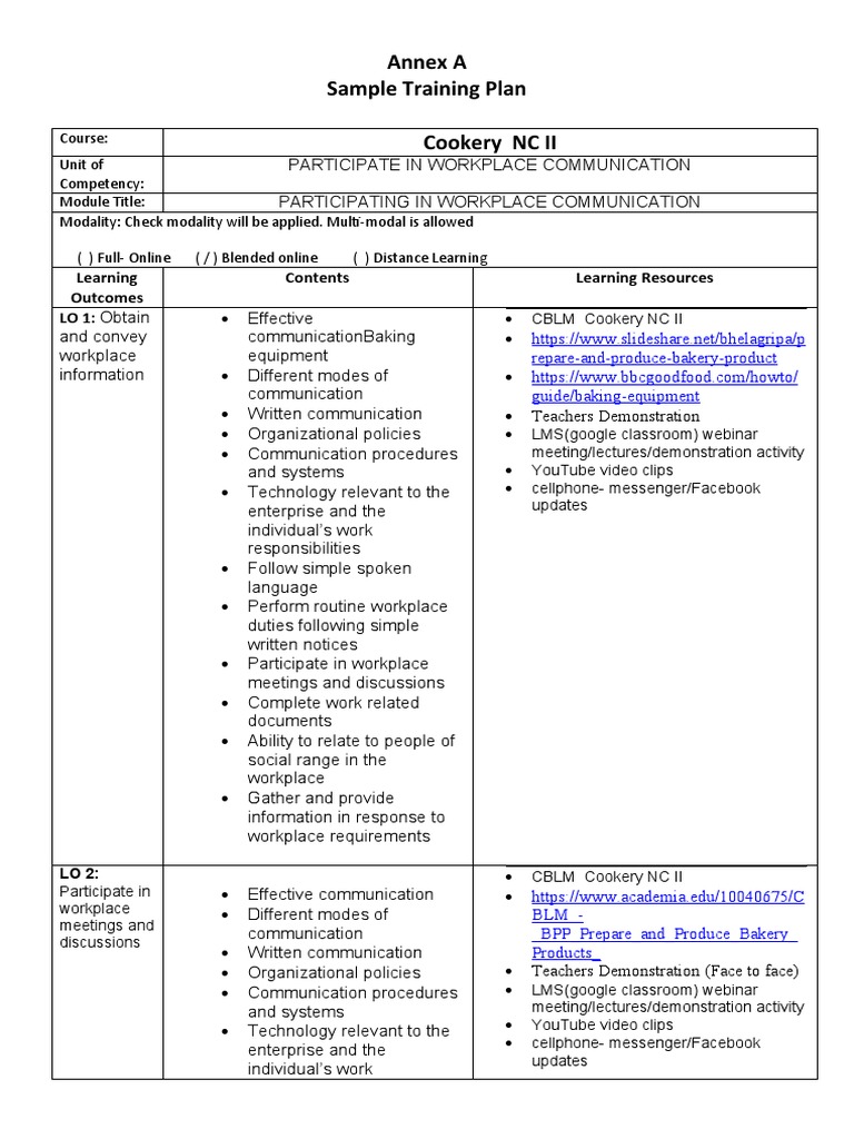 Training Plan Cookery | PDF | Occupational Safety And Health | Distance ...