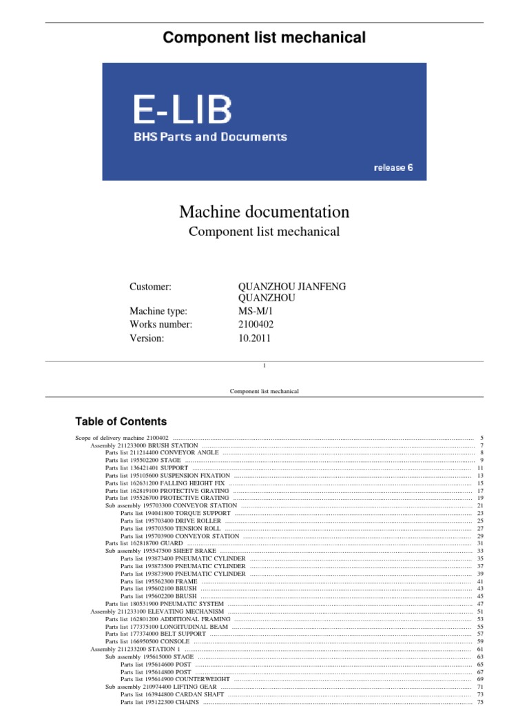 Machine Documentation: Component List Mechanical | Download Free PDF ...