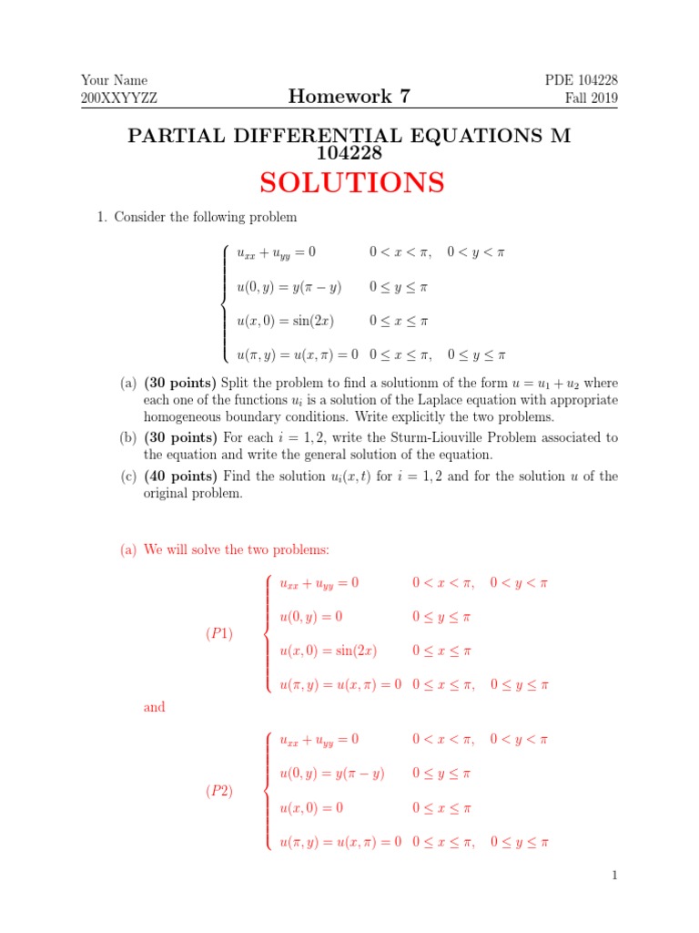 Solutions: Homework 7 Partial Differential Equations M 104228 | PDF ...