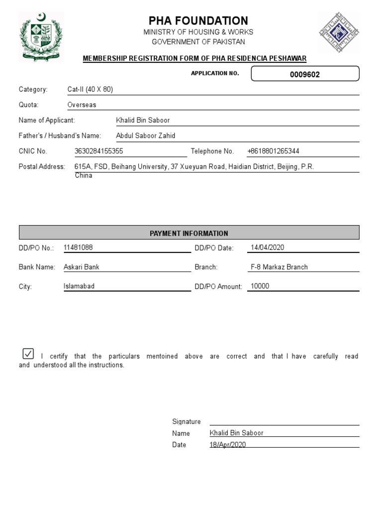 Pha Foundation: Membership Registration Form of Pha Residencia Peshawar ...