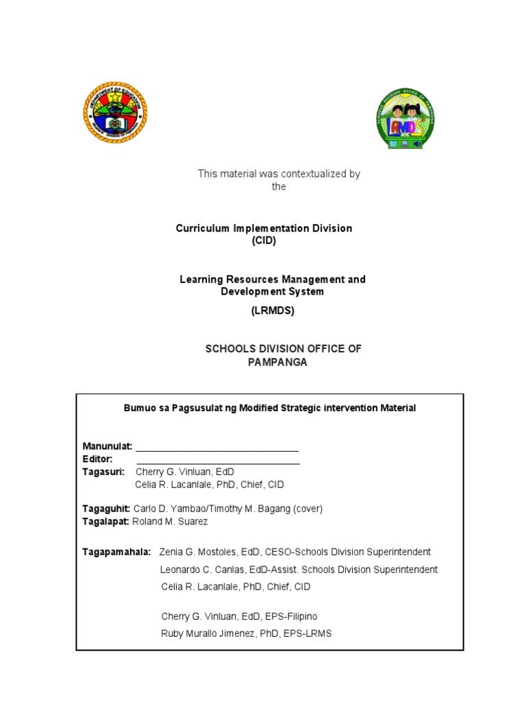Curriculum Implementation Division (CID) : This Material Was Contextualized by The | PDF ...