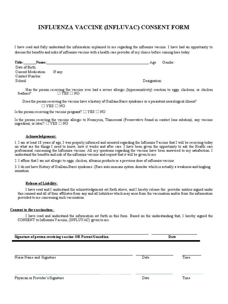 Influenza Vaccine Consent Form | PDF | Influenza Vaccine | Vaccines