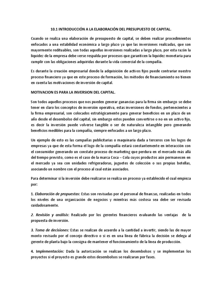 Tecnicas de Elaboracion de Presupuesto de Capital | PDF | Tasa interna de retorno | Valor ...