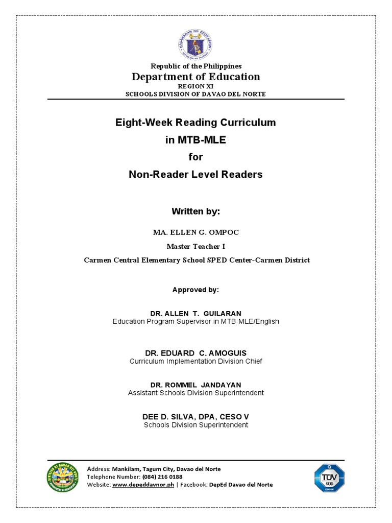 Eight Week Reading Curriculum in MTB For NON READERS | PDF