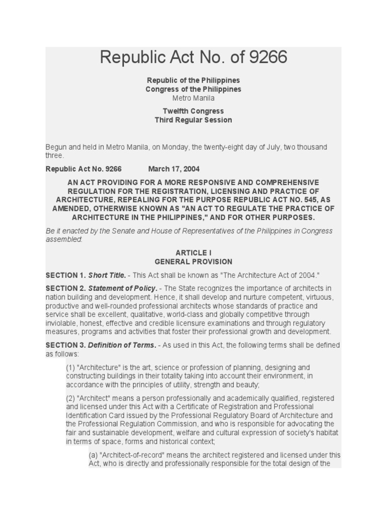 Republic Act No 9266 | PDF | Licensure | Architect
