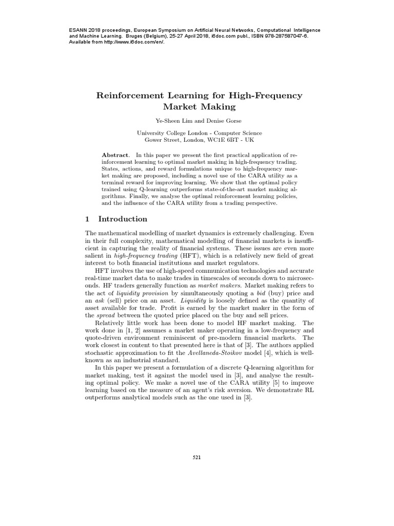 Reinforcement Learning For High Frequency Market Making | PDF | High ...