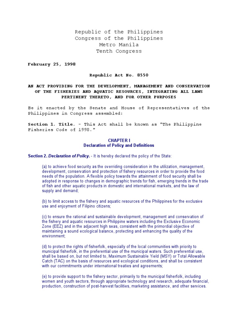 RA 8550 Fishiries Code of 1998 | PDF | Coral | Coral Reef