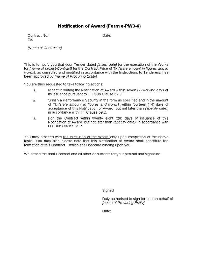 Notification of Award (Form e-PW3-6) | PDF