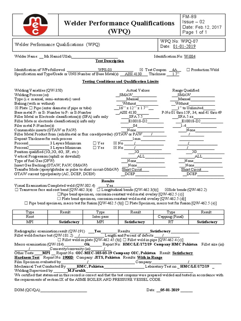 Welder Performance Qualifications (WPQ) | PDF | Welding | Construction