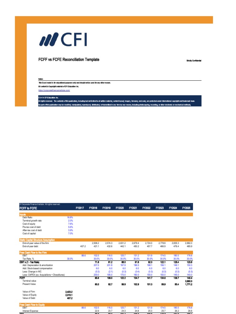 FCFF Vs FCFE Reconciliation Template | PDF | Free Cash Flow | Balance Sheet