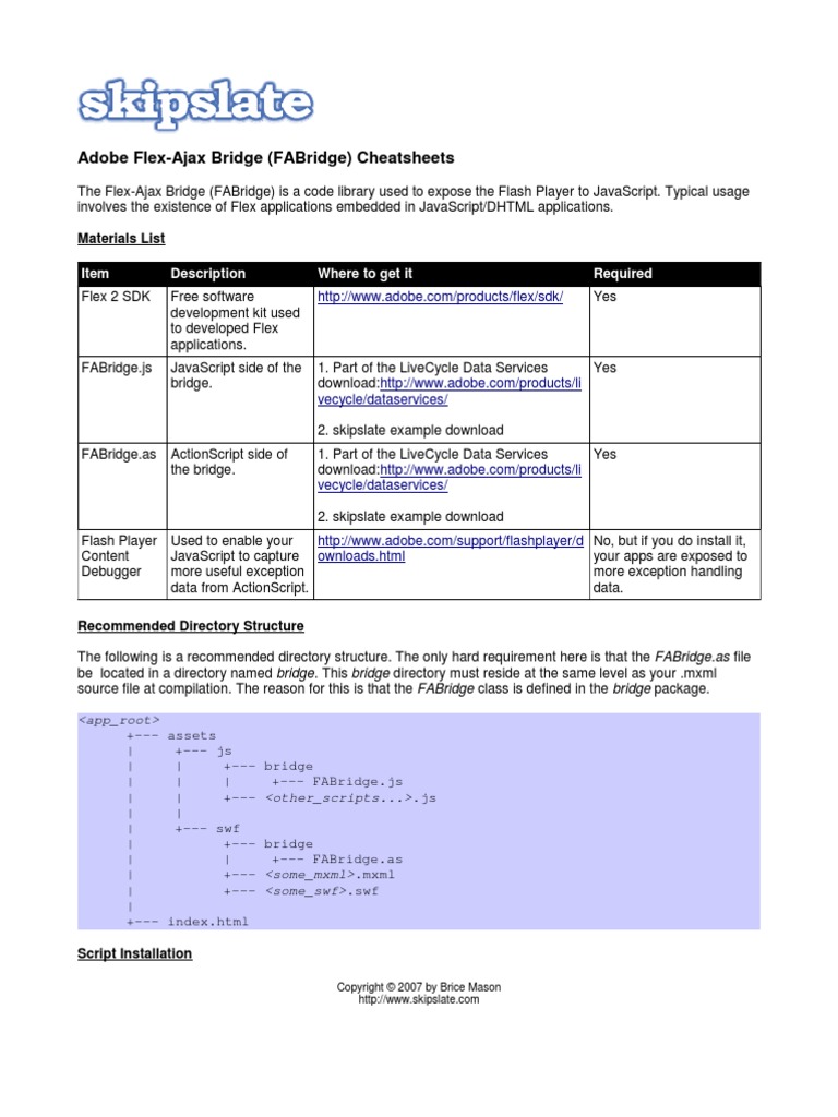 Adobe Flex-Ajax Bridge (Fabridge) Cheatsheets: Materials List | PDF | Apache Flex | Java Script