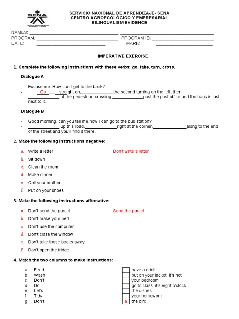 Imperative Exercise Complete The Following Instructions With These ...