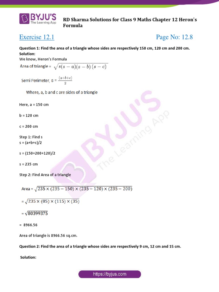 RD Sharma Solution Class 9 Maths Chapter 12 Herons Formula | PDF | Area | Geometric Shapes