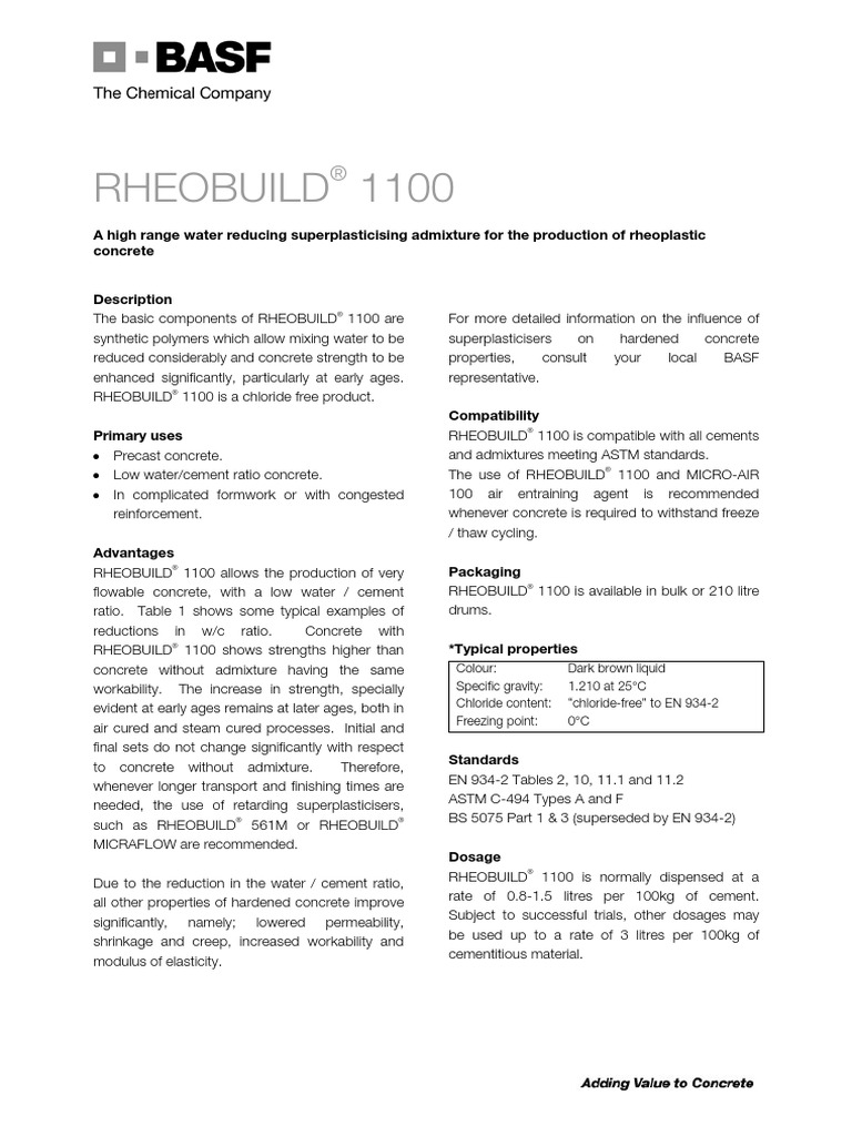 TDS - Rheobuild 1100 | PDF | Concrete | Cement