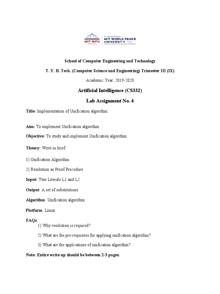 AI Lab 4 Unification Algorithm Writeup | PDF AI Lab 4 Unification Algorithm Writeup | PDF