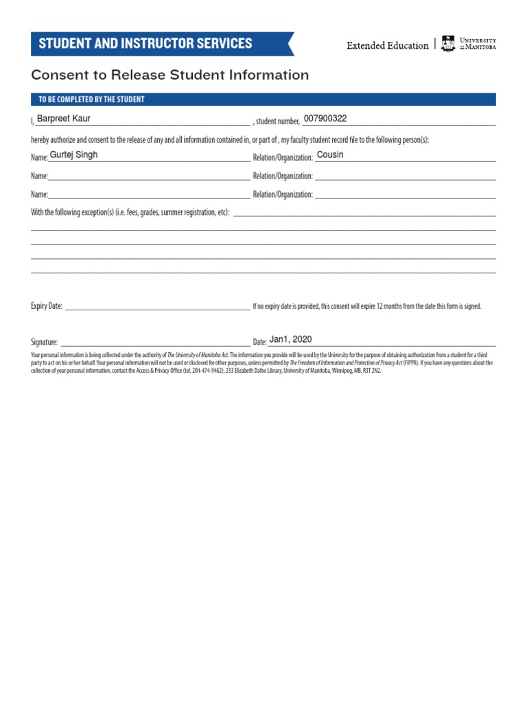 EE Consent Release Student Information Form | PDF | Information ...