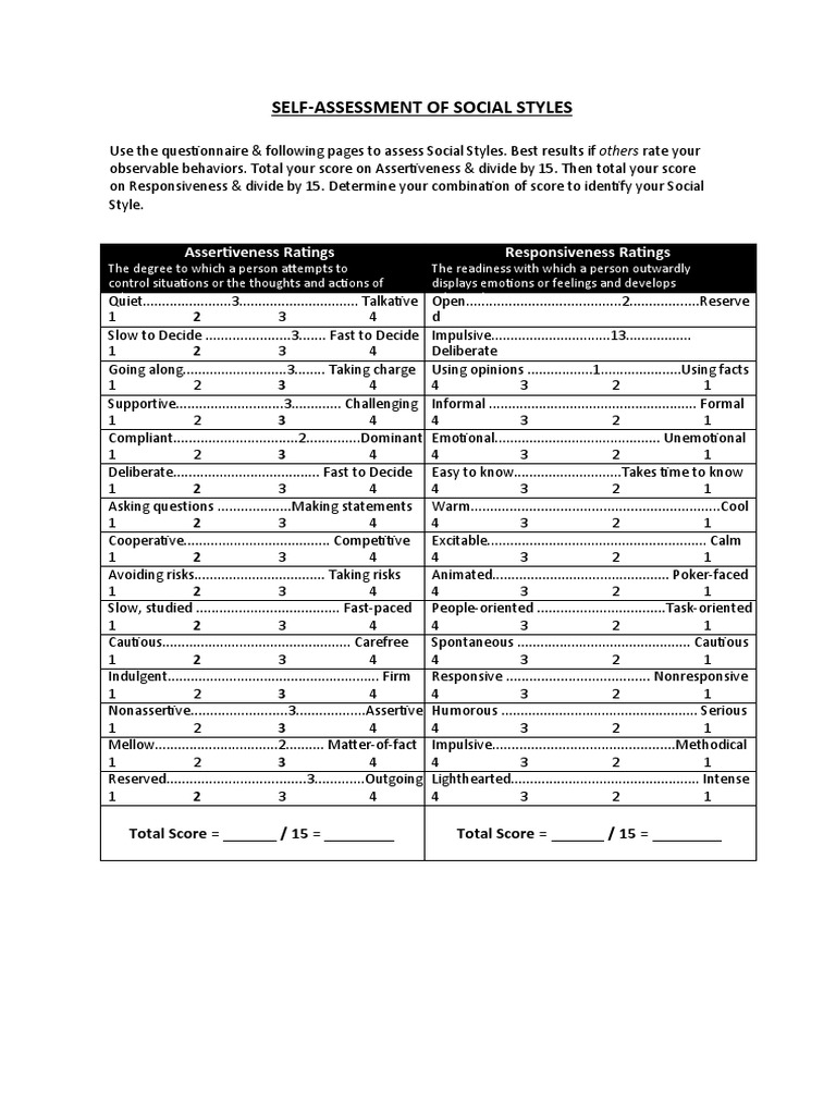 Social Styles Assessment Questions | PDF | Subjective Experience ...