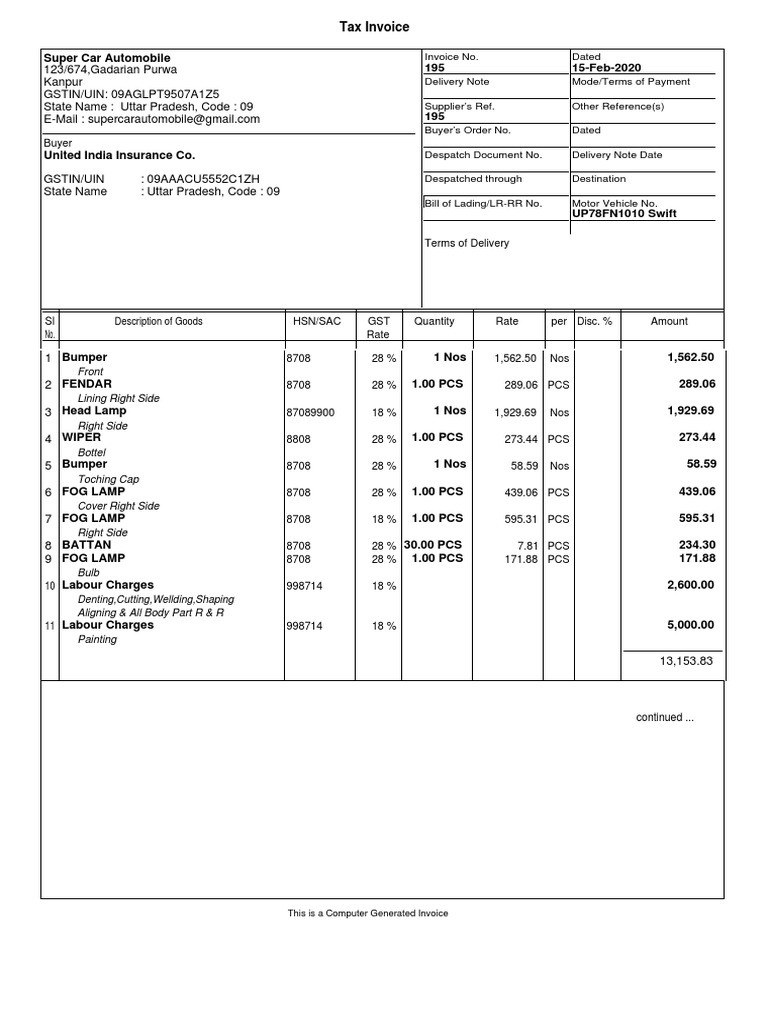 Repair and Replacement Invoice for Automobile Parts Provided to United ...