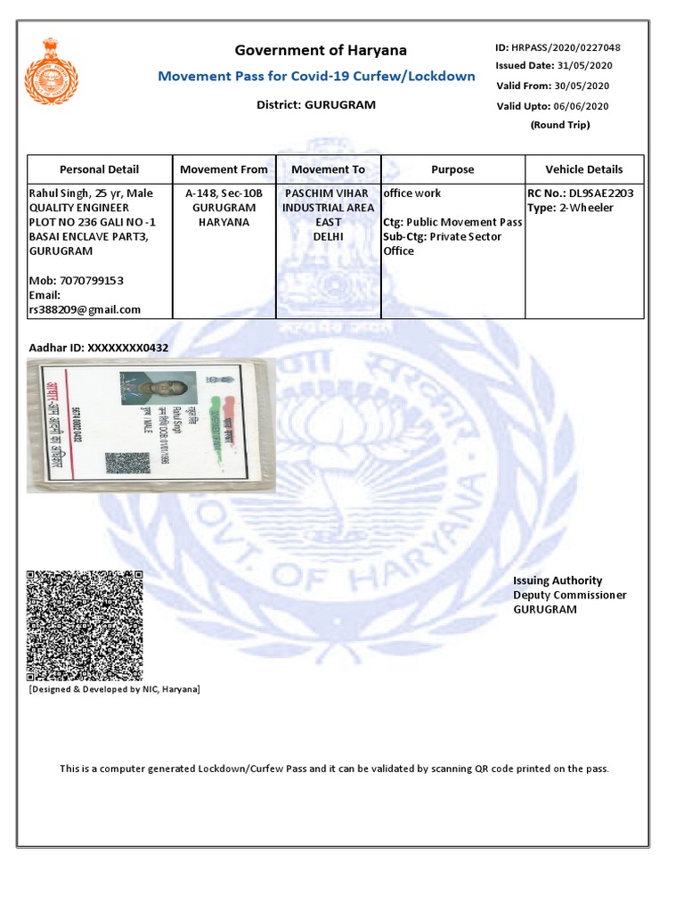 Government of Haryana: Movement Pass For Covid-19 Curfew/Lockdown | PDF
