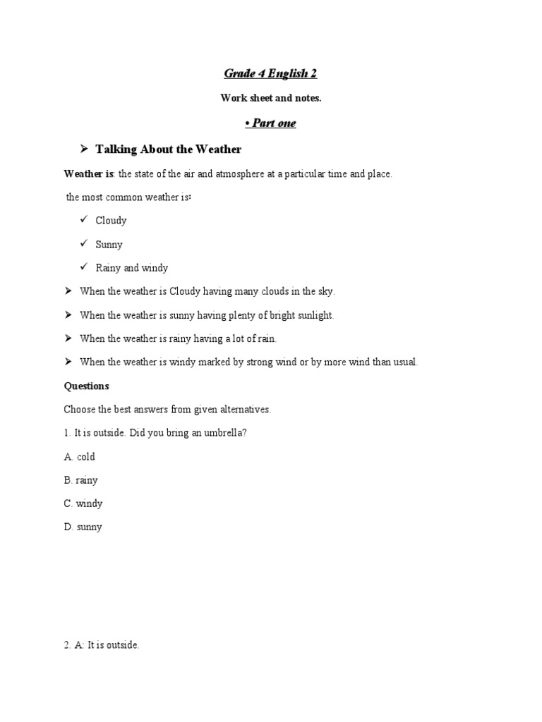 Talking About The Weather: Grade 4 English 2 | PDF | Weather | Question