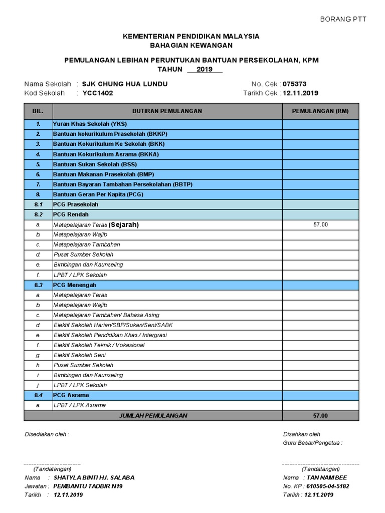 Borang Pemulangan Lebihan Peruntukan BAP | PDF