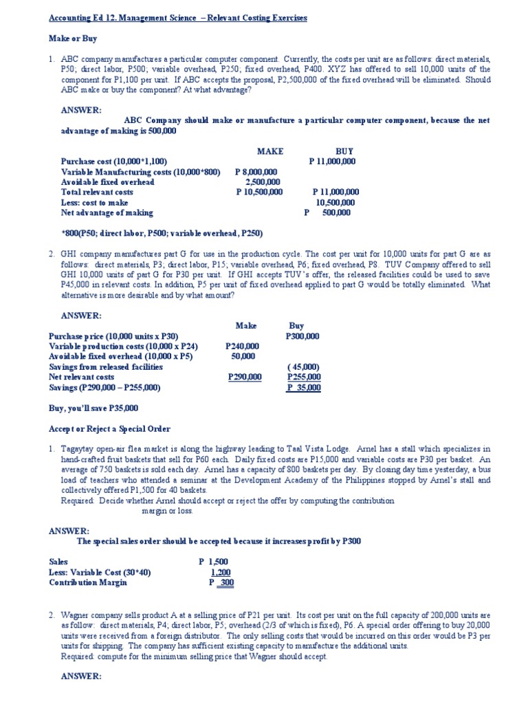 Relevant Costing Exercises - King | PDF | Cost | Management Accounting