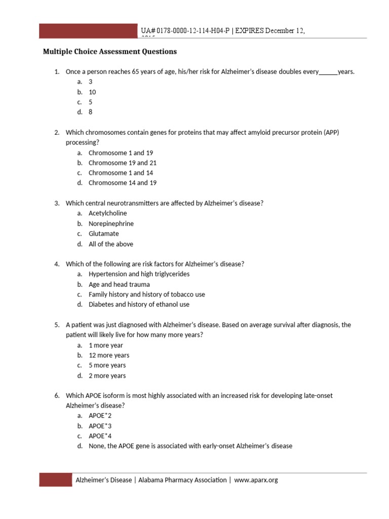 Multiple Choice Assessment Questions | PDF | Alzheimer's Disease ...