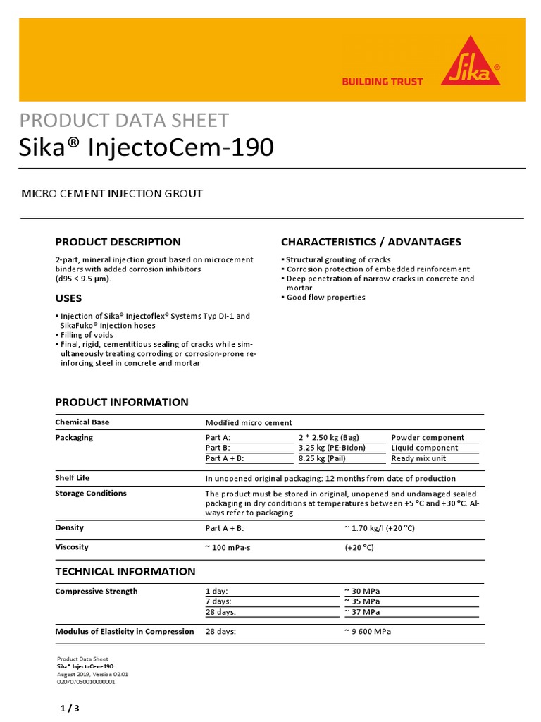 Sika® Injectocem-190: Product Data Sheet | PDF | Corrosion | Concrete
