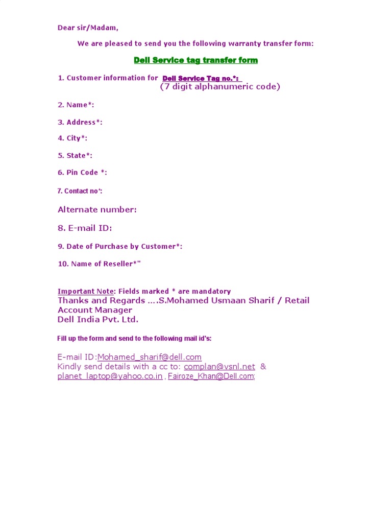 Dell Warranty Transfer Form Instructions | PDF | Business