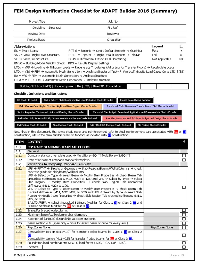 FEM Design Verification Checklist For ADAPT-Builder 2016 (Summary ...