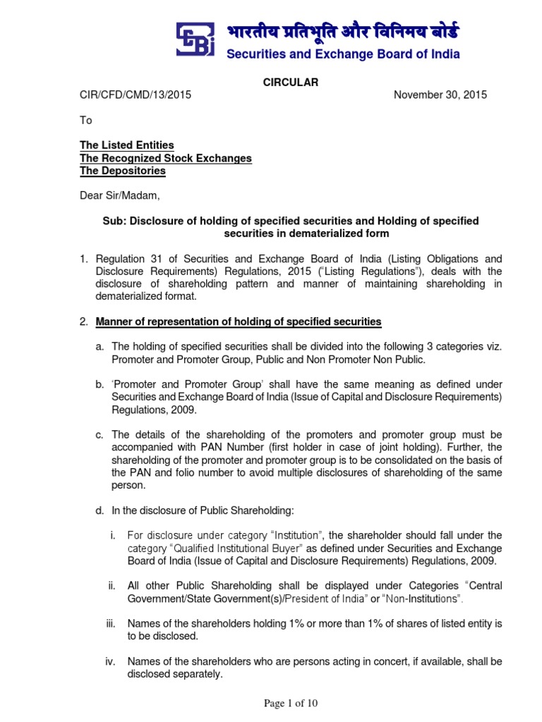 SEBI Circular on Shareholding Disclosure | PDF | Securities (Finance ...