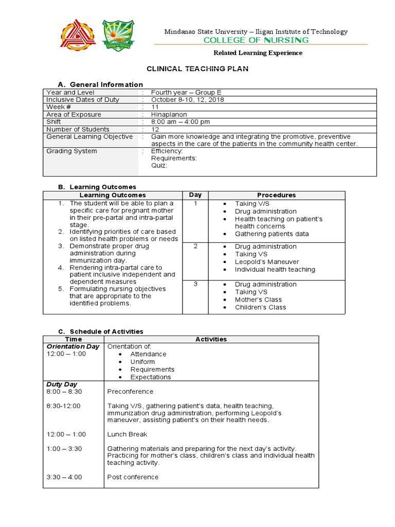 Clinical Teaching Plan A. General Information: Related Learning ...