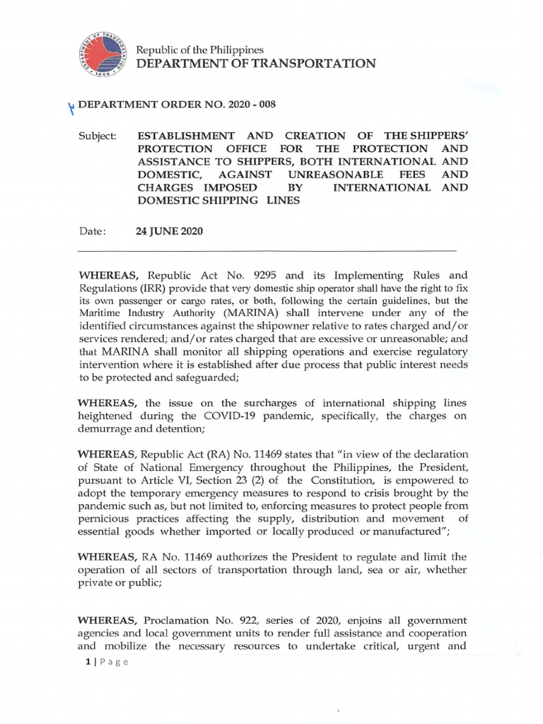 Department of Transportation Department Order No. 2020-008