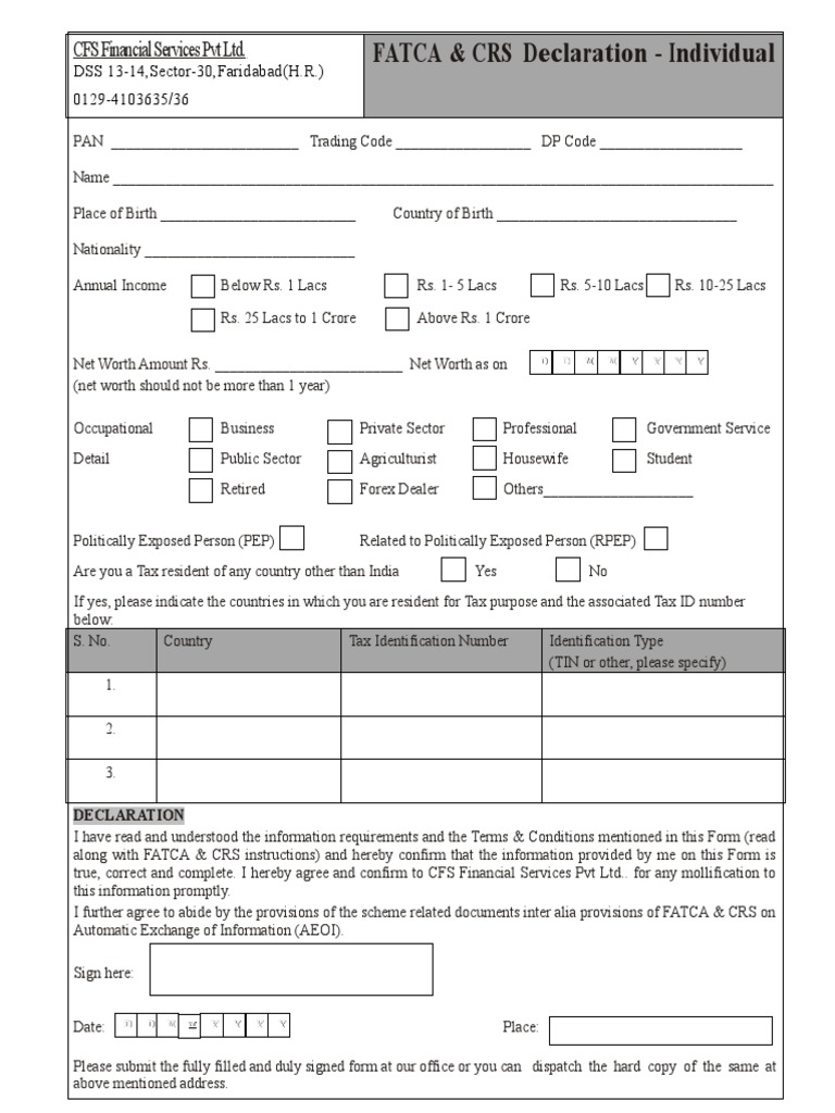 CFS FATCA - & - CRS - Declaration - (Individual) - CDSL | PDF | Public ...