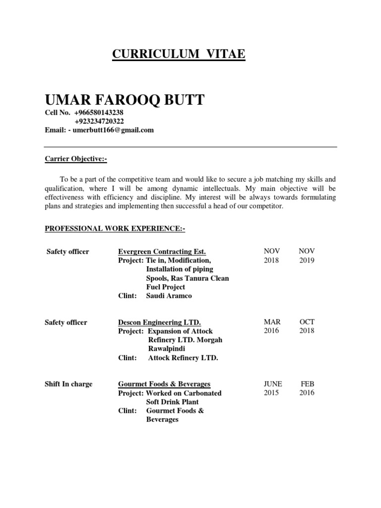 Umar Farooq Butt: Curriculum Vitae | PDF | Occupational Safety And Health | Safety