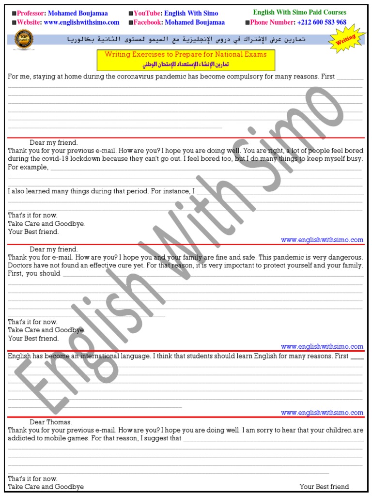 Writing Exercises for 2 Bac English | PDF | Learning | Communication