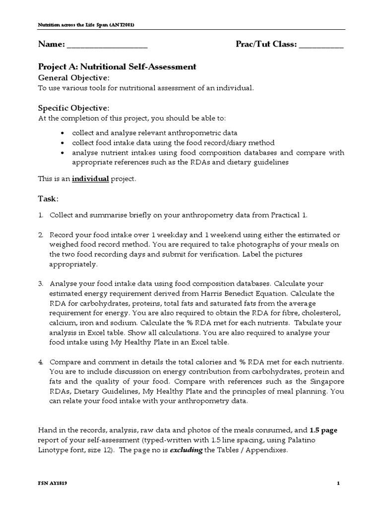 Name: - Prac/Tut Class: - Project A: Nutritional Self-Assessment ...