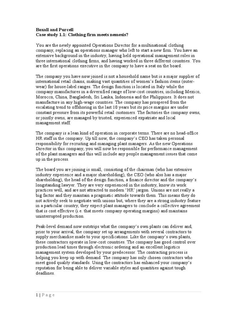 Boxall and Purcell Case Study 1.1: Clothing Firm Meets Nemesis? | PDF ...