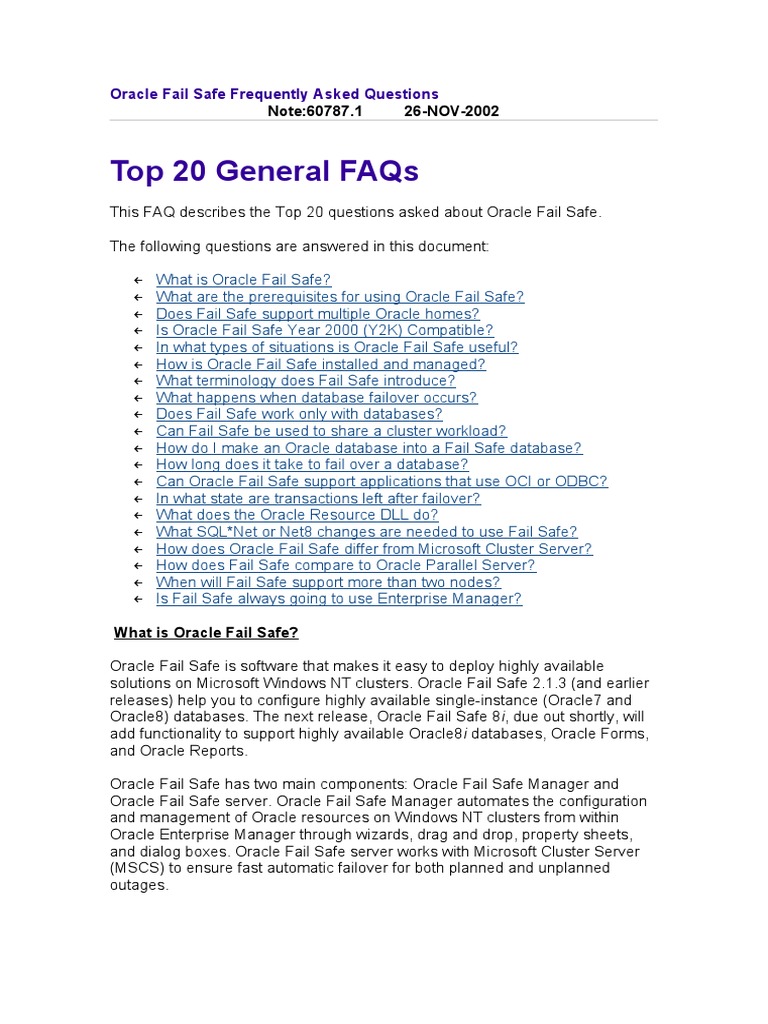 Top 20 General Faqs Oracle Fail Safe Frequently Asked Questions Pdf Computer Cluster