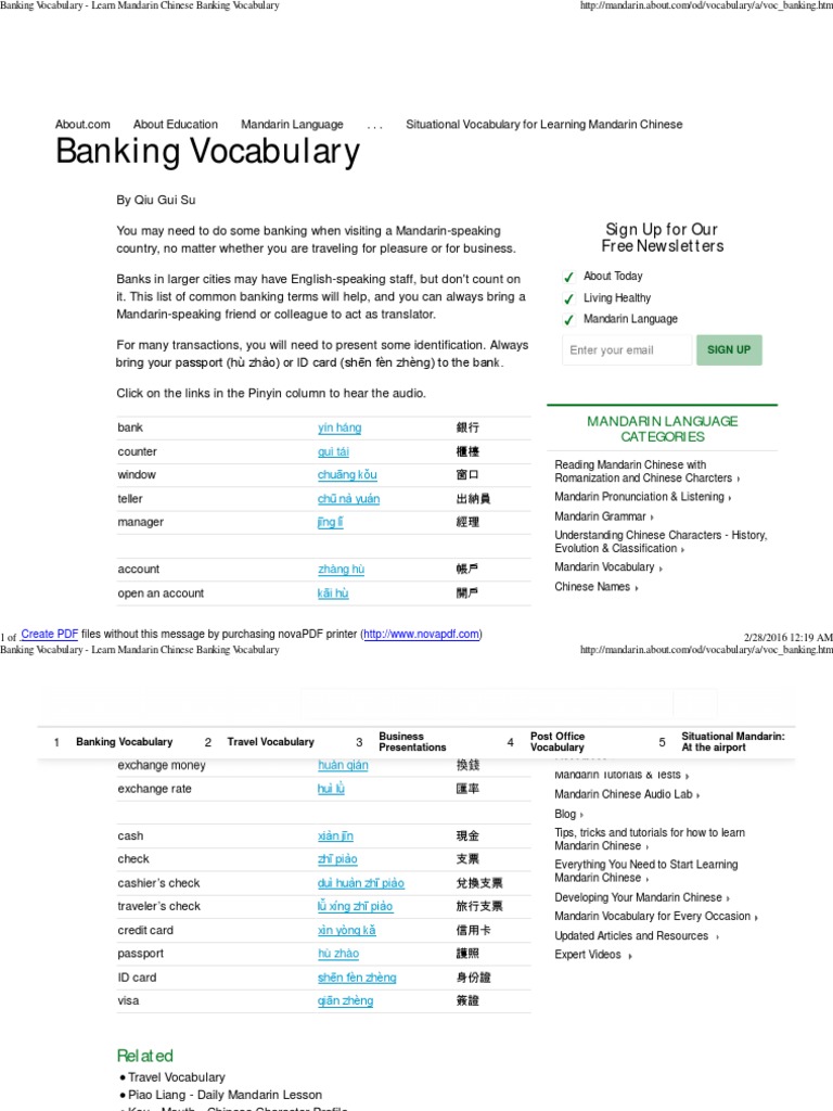 Banking Vocabulary - Learn Mandarin Chinese Banking Vocabulary | PDF ...