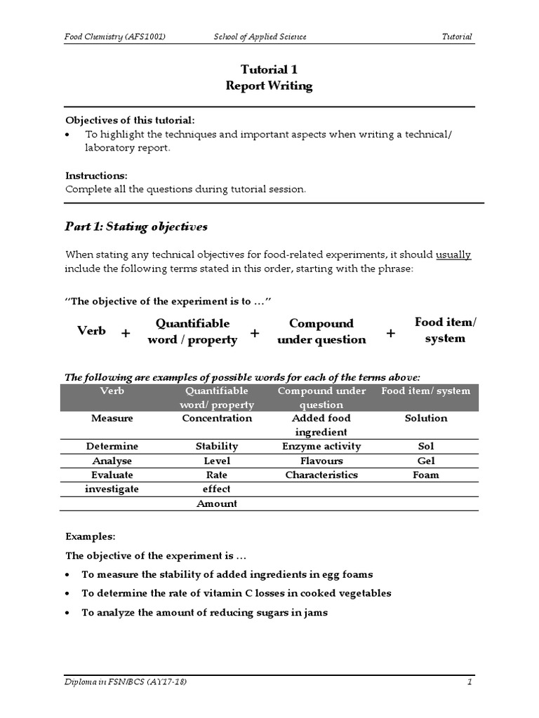 Tutorial 1 Report Writing: Part 1: Stating Objectives | PDF | Fat | Foods