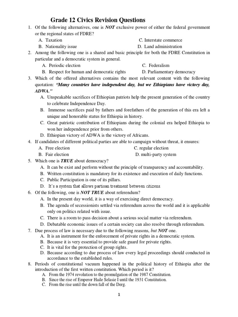 Grade 12 Civics Exam Revision Guide | PDF | Ethiopia | Democracy